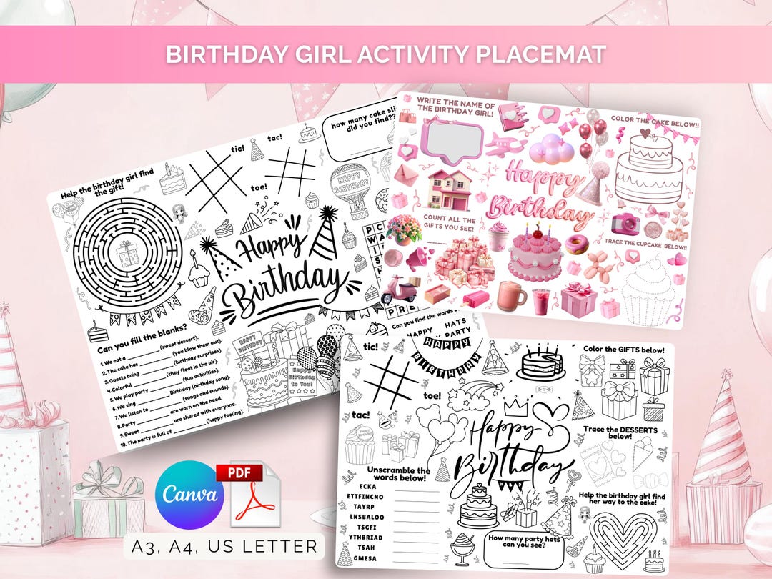 Pink Birthday Activity Placemat Girls Kids Party Printable Coloring ...