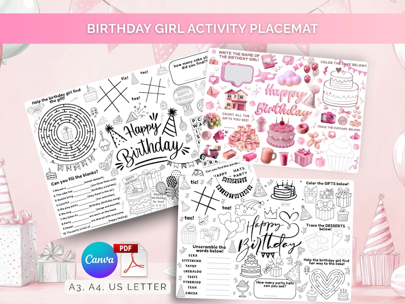 Pink Birthday Activity Placemat Girls Kids Party Printable Coloring ...