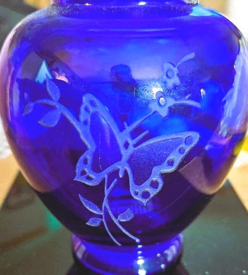 Signed Fenton Vintage Cobalt Blue Glass Vase With Butterfly Etching - Etsy