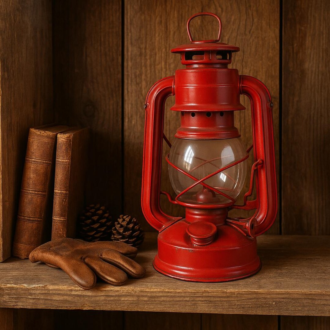 Vintage Red Metal Lantern – Rustic Farmhouse Oil Lamp Decor, Industrial ...