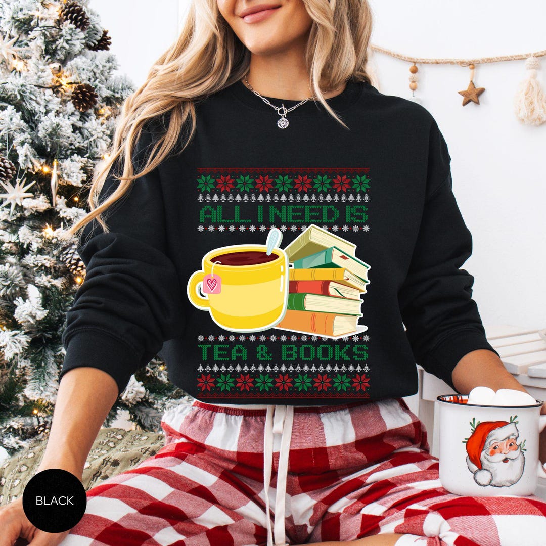 Ugly Christmas Tea and Books Sweater, Funny Xmas Book Lover Sweatshirt ...