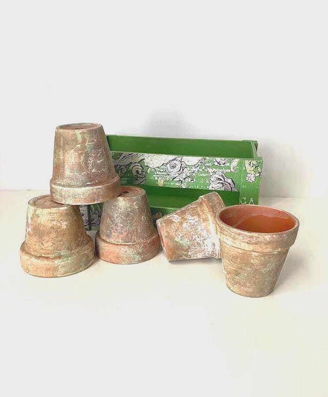 Set of 5 Distressed Terra Cotta Pots – Aged Clay Mini Planters, Rustic ...