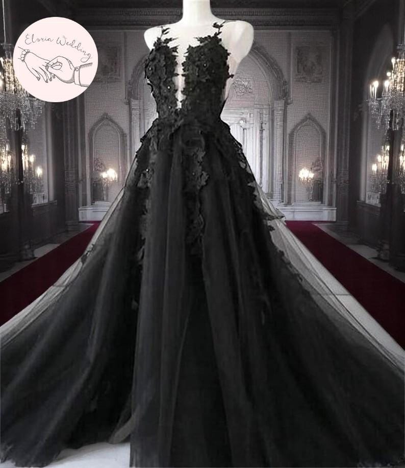 3D Floral Black Bridal Dress, Black Bridal Evening Dress, Tulle Prom ...