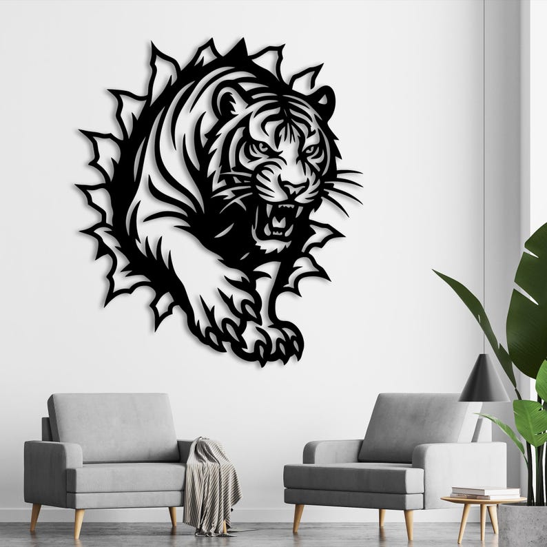 Roaring Tiger Metal Wall Art – Fierce Jungle Animal Wall Decor – Modern ...