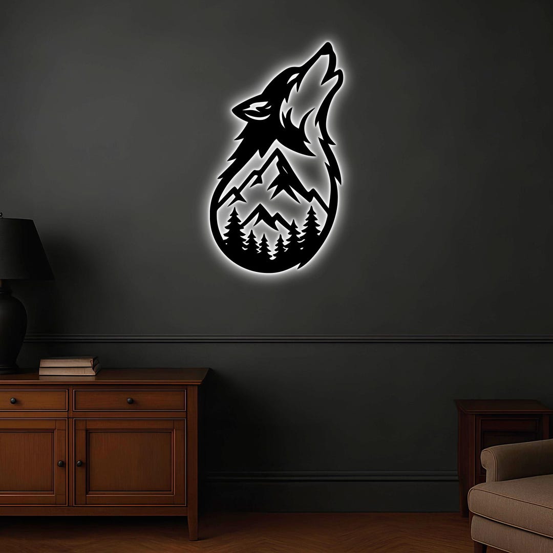 LED Howling Wolf Wall Art – Lighted Metal Wolf With Mountain Forest ...