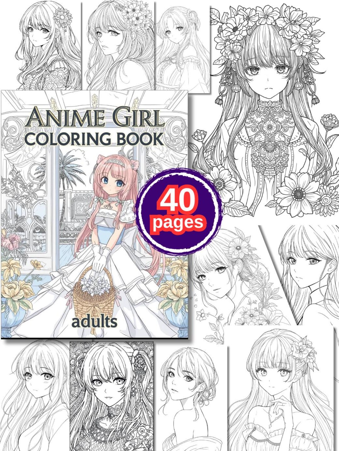 Anime Girl 40 Page, Coloring Book, Fantasy Girls, Japanese Kawaii Art ...