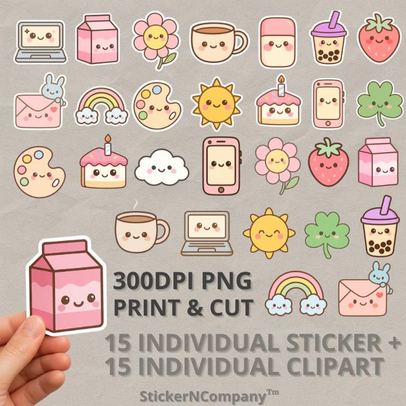 15 Kawaii Digital Stickers + 15 Clipart Pngs - Cute Transparent Files ...
