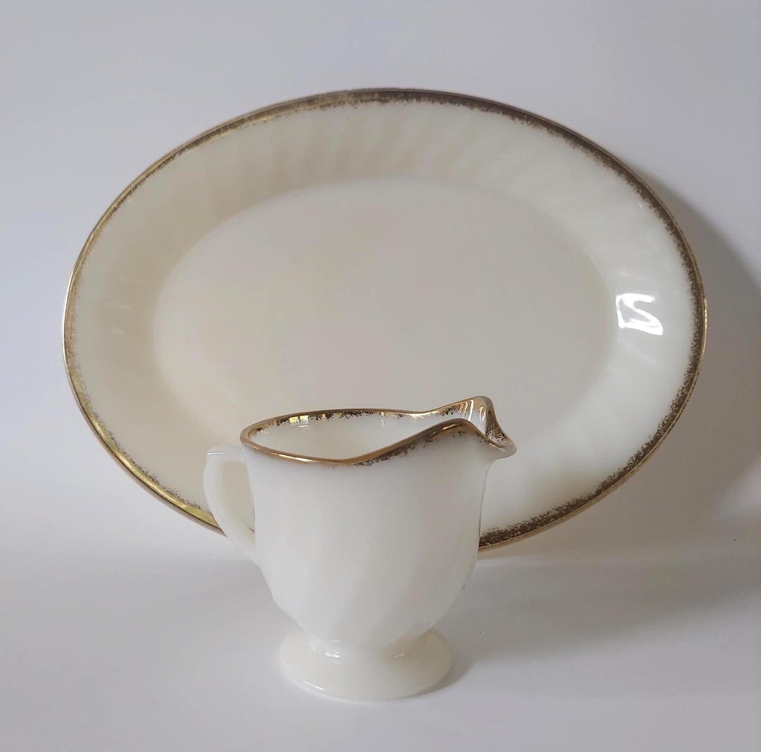 Fire King White and Gold Swirl Meat Platter and Creamer - Etsy
