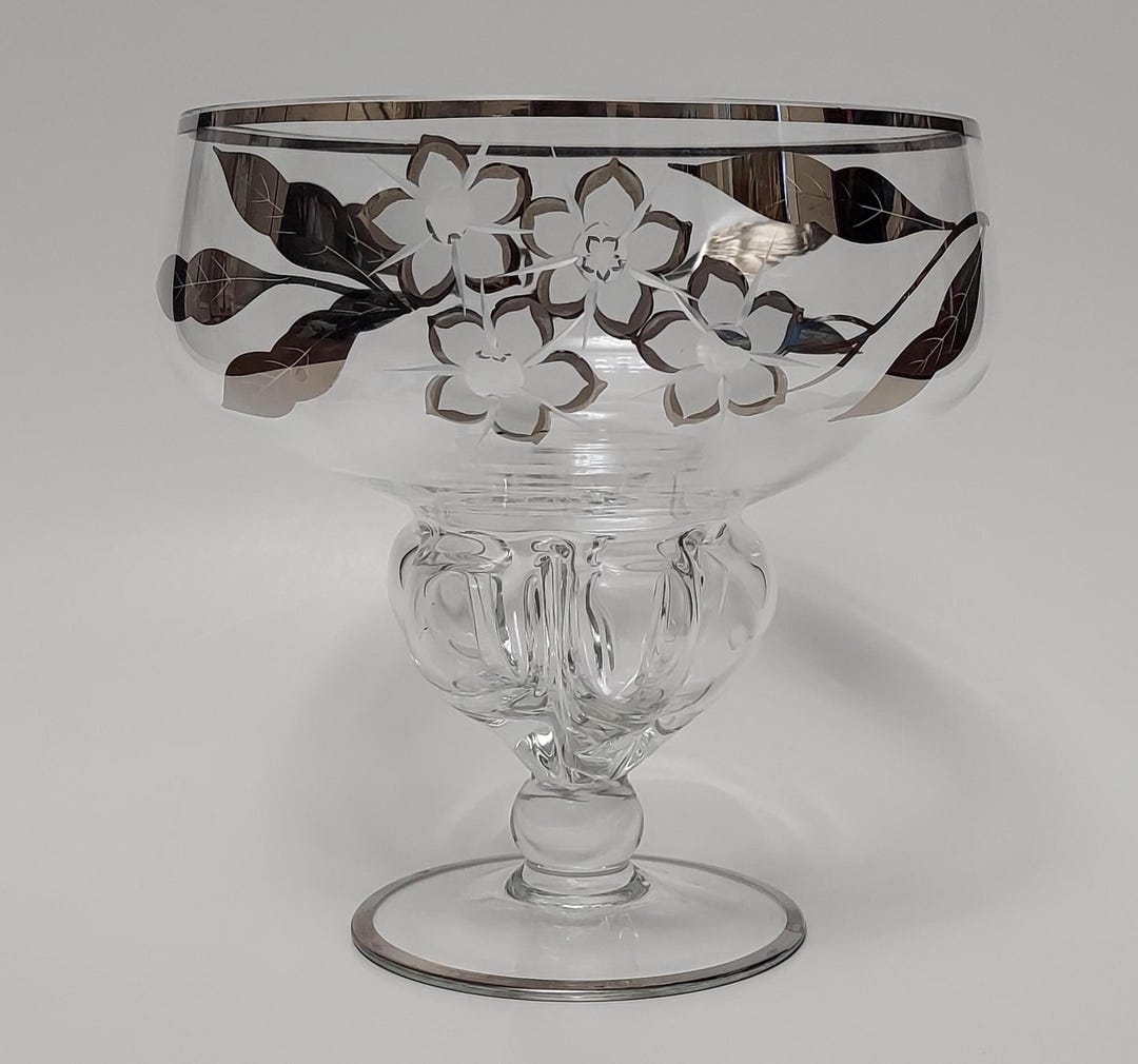 Vintage Crystal Compote Bowl With Silver Overlay, Etched Floral Art ...