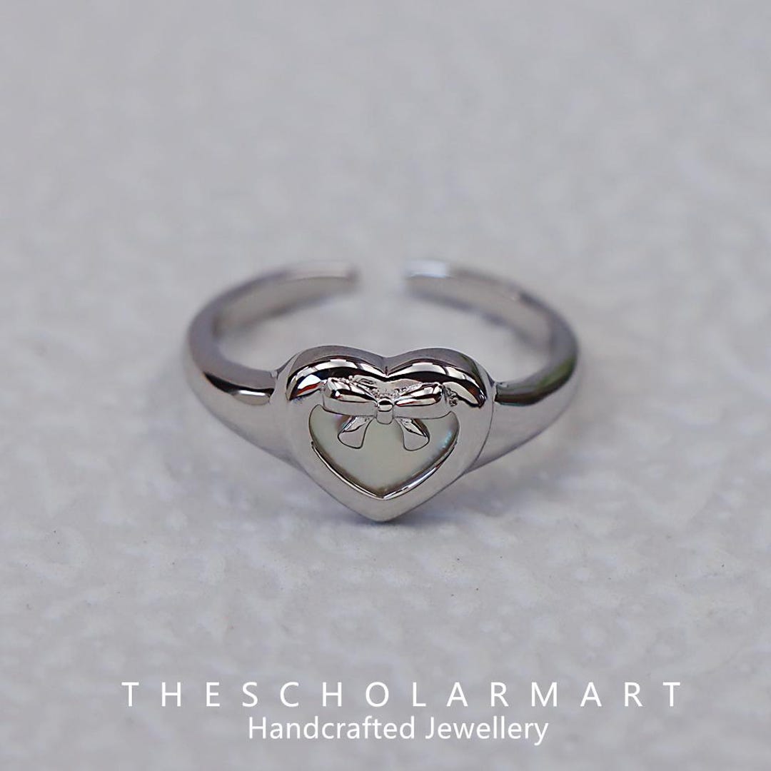 Adjustable Ocean Love Ring, Heart Shell and Bow in Sterling Silver ...