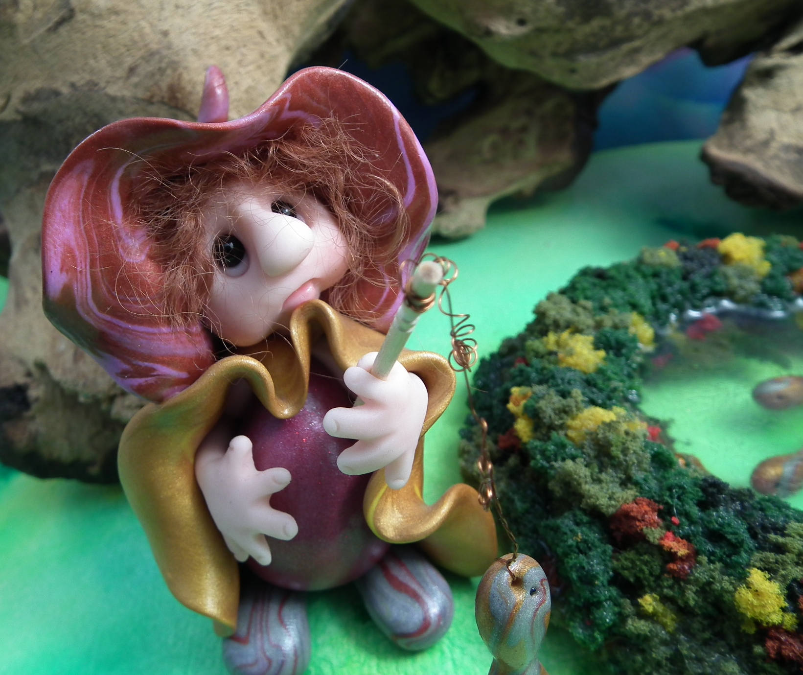 Fisher Gnome 'Mauglah' with fishing rod and fishpond 3 1/2 OOAK Sculpt ...