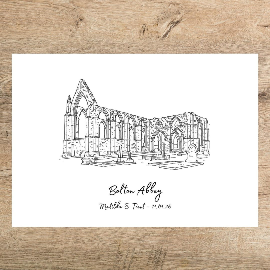 Bolton Abbey Print, Hand-drawn Sketch, Personalised Wedding or ...