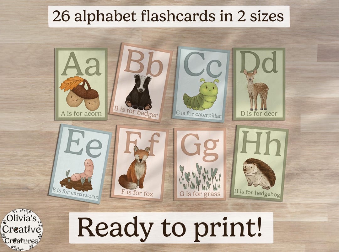 ABC Flashcards Woodland Theme, A-Z Montessori Cards, Educational ...