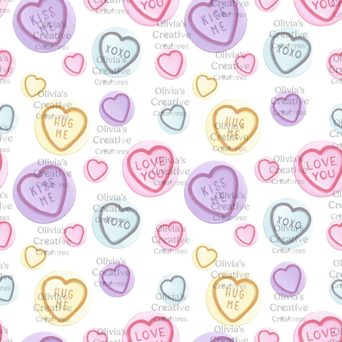 Valentines Candy Hearts Seamless Pattern, Conversation Hearts Digital ...