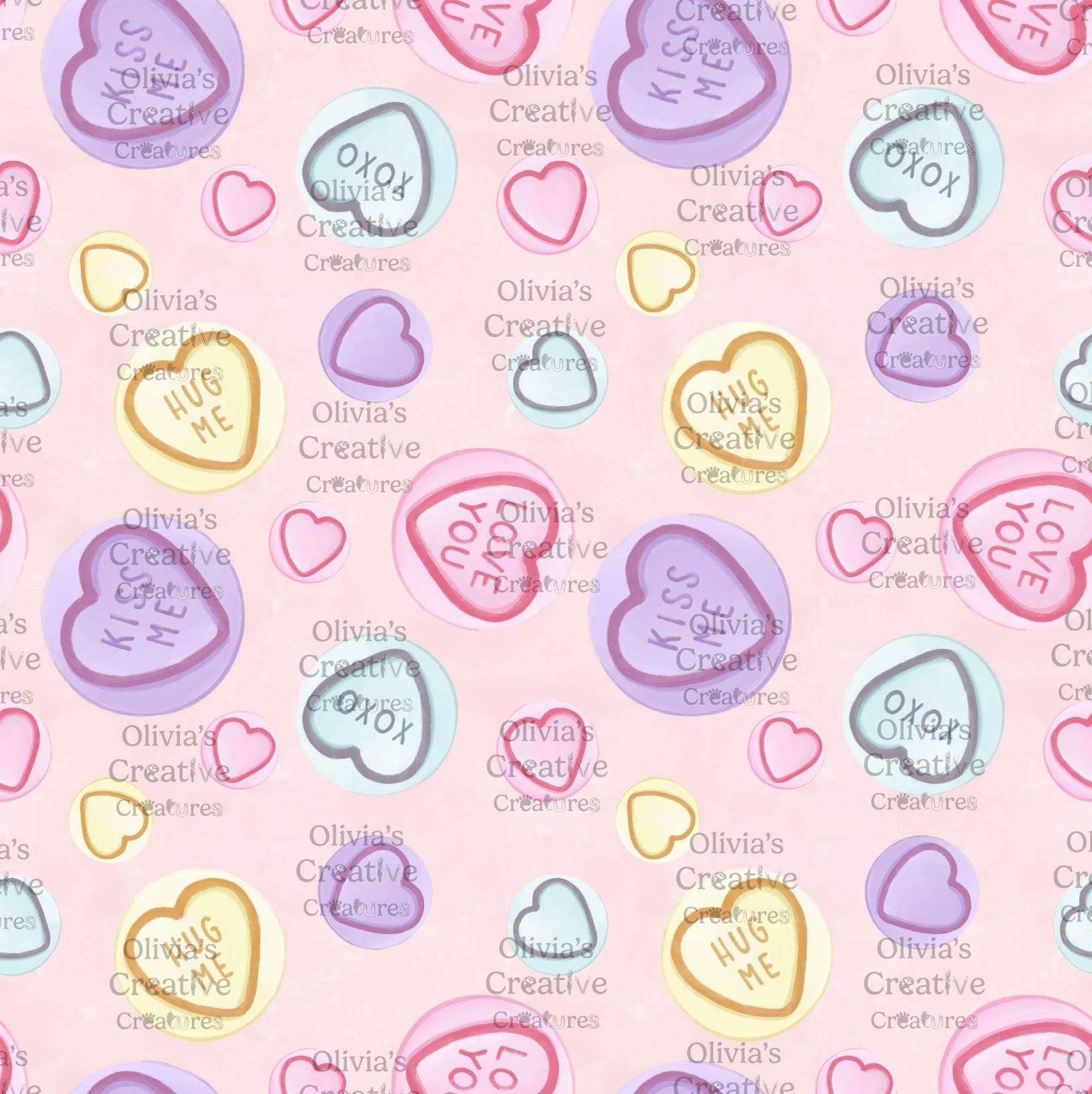 Valentines Candy Hearts Seamless Pattern, Conversation Hearts Digital ...
