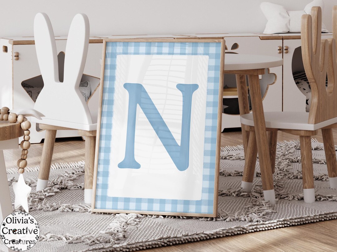 Custom Blue Gingham Initial Print, Vintage Style Letter Wall Art, Boys ...