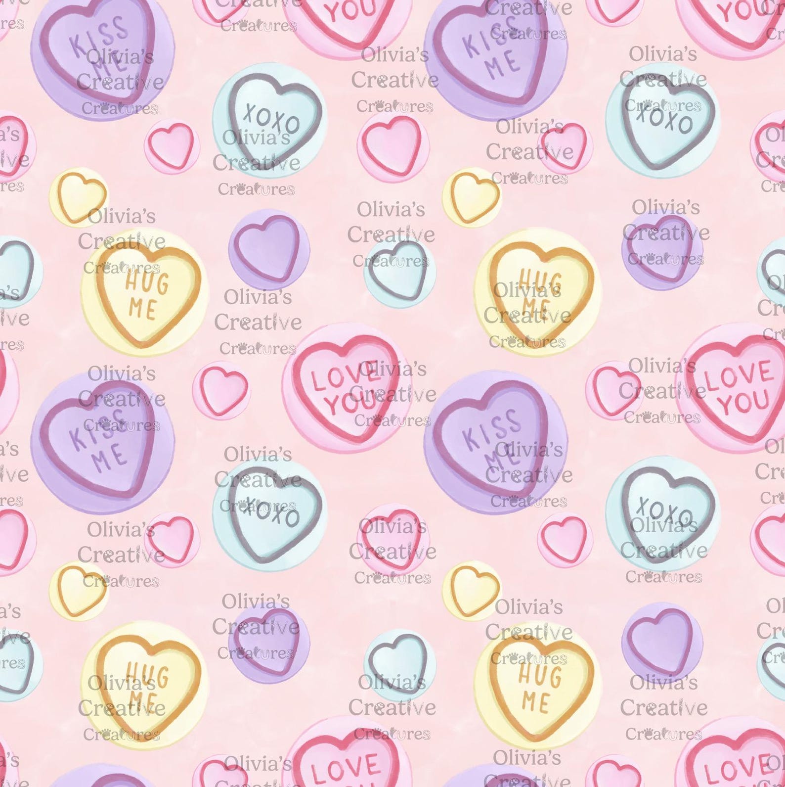 Valentines Candy Hearts Seamless Pattern, Conversation Hearts Digital ...