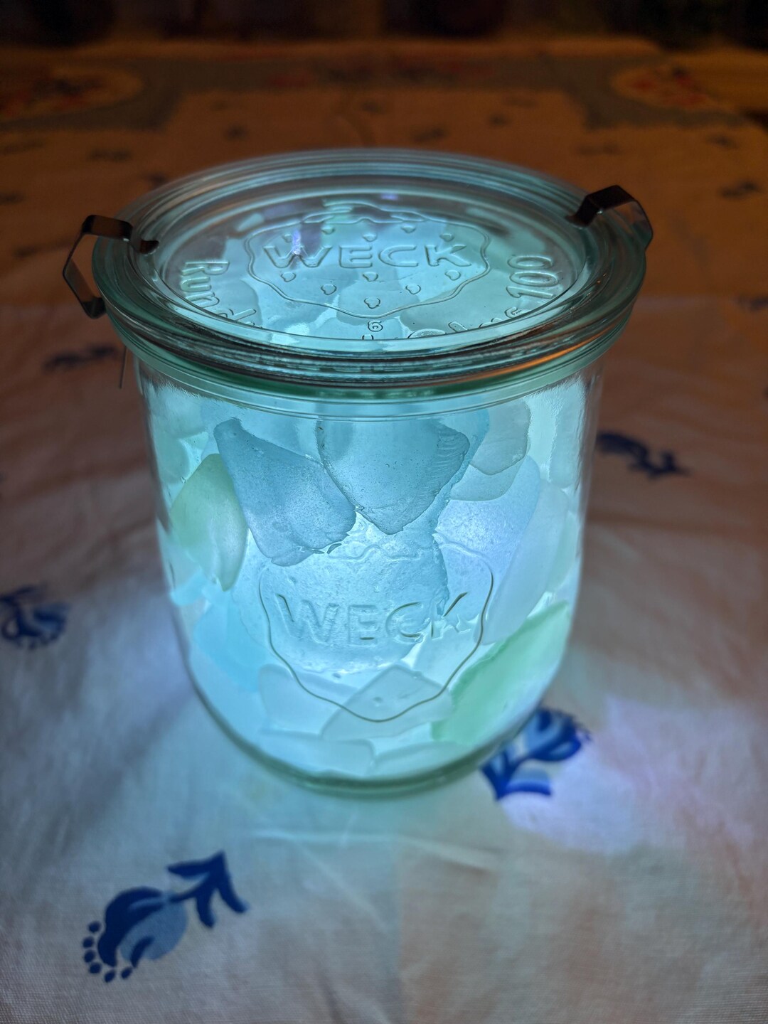 Glowing Blue Beach Glass Lamp - 1 Liter Weck Tulip Jar LED String Light ...