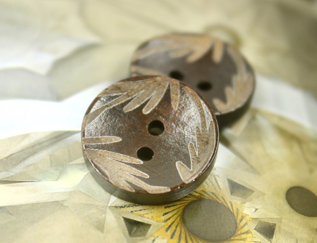 Wooden Buttons - 10 Pieces of Palm Leaves Pattern Concave Brown Wood ...