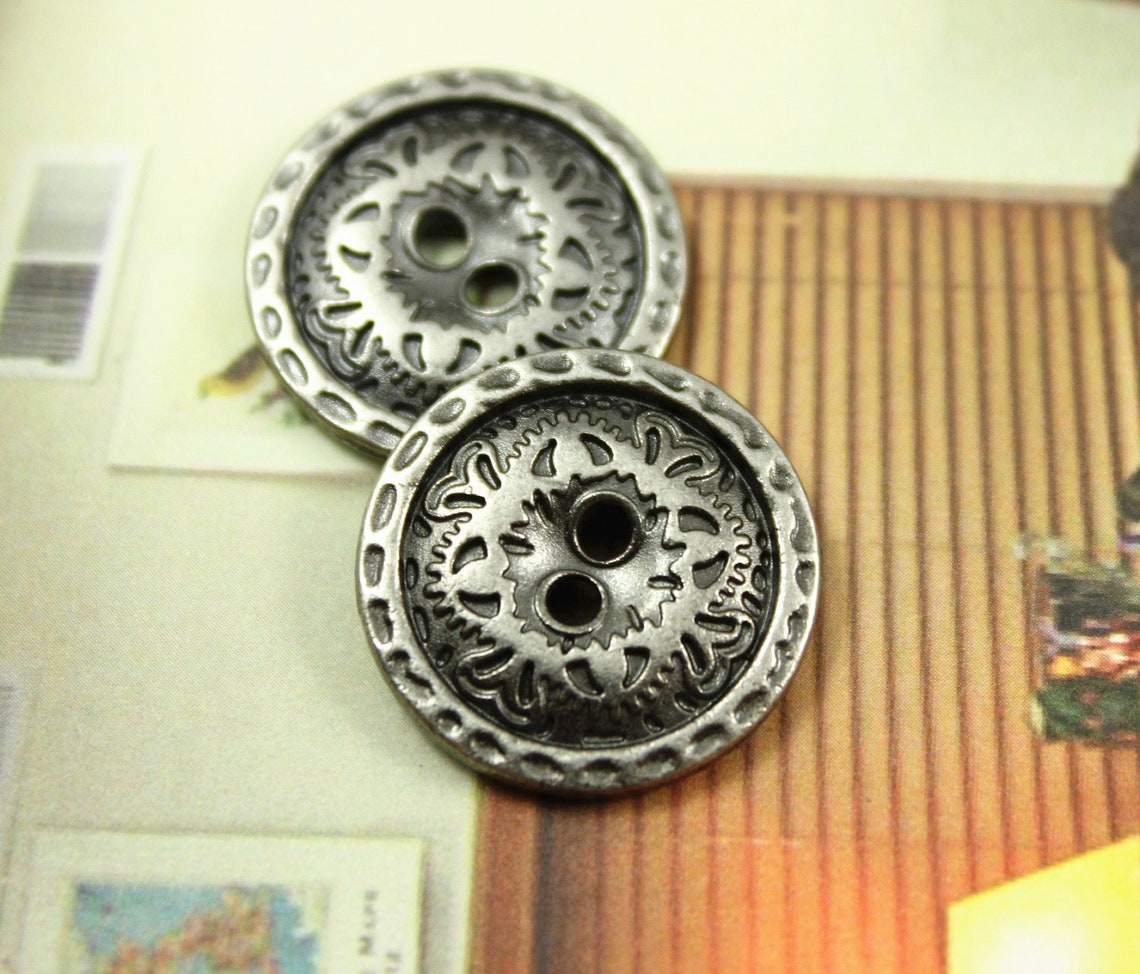 Metal Buttons - Flower Engraving Metal Buttons , Gray Silver Color , 2 ...