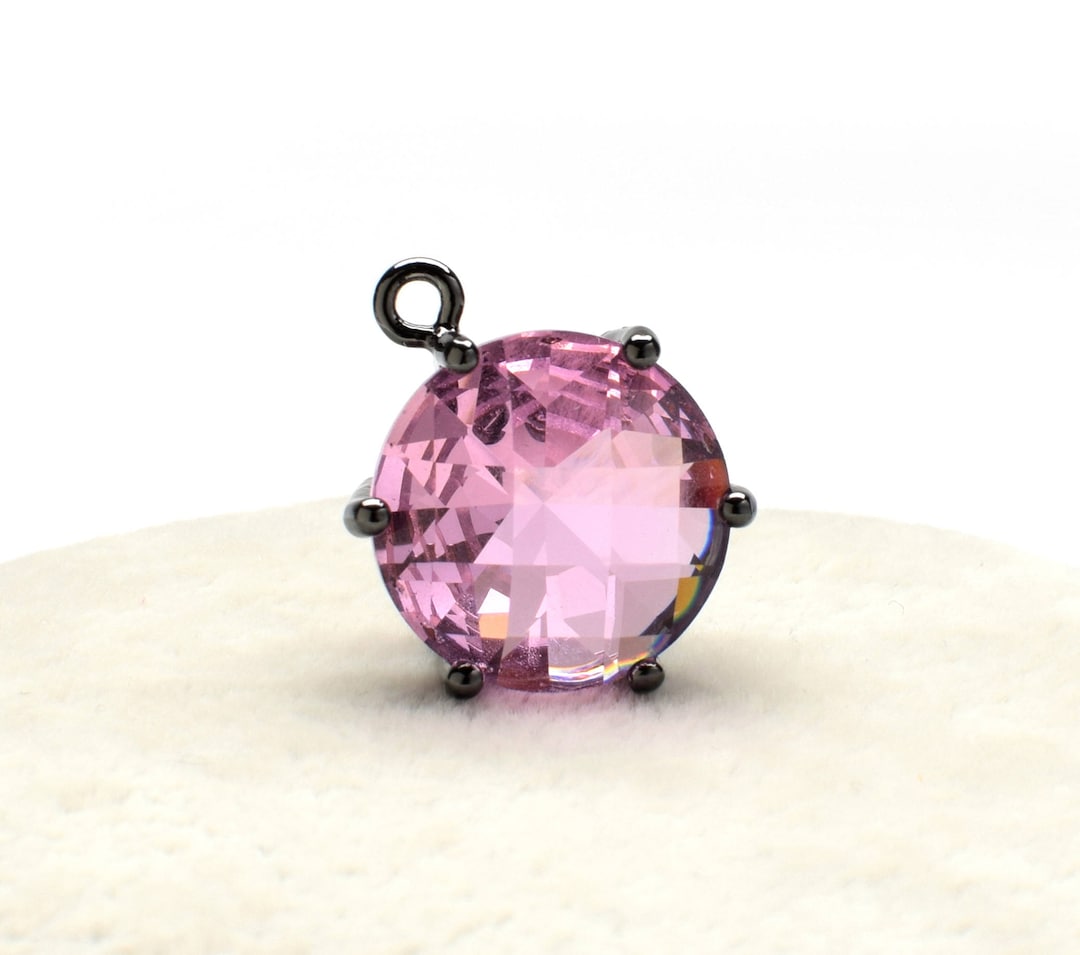 2 Round Pink Crystal Glass Pendant, 16mm, Black Color Plated Over Brass ...