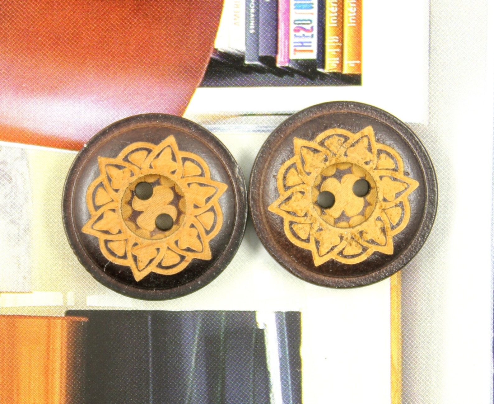 Brown Wooden Buttons - Japanese Style Mandala Wreath Pattern Brown Wood ...