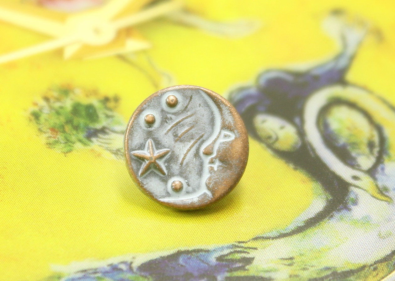 10 Moon and Star Metal Buttons , Blue Painting Copper Color , Shank , 0 ...