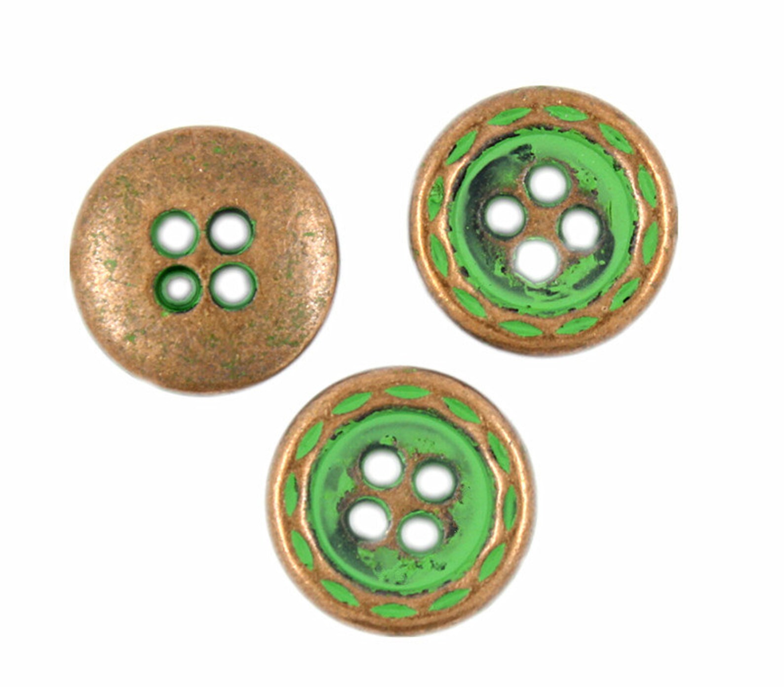 Metal Buttons - Dotted Line Edge Metal Buttons , Copper With Green ...