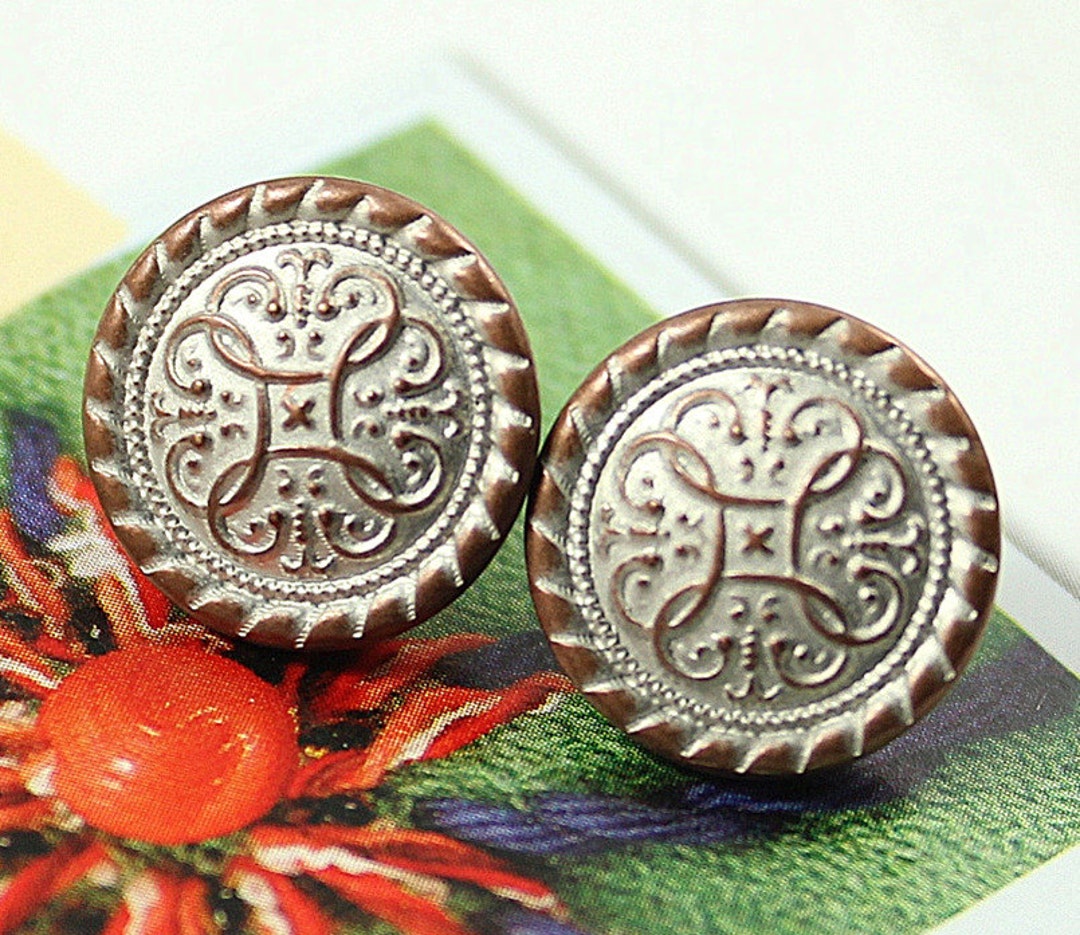 Metal Buttons - Islamic Flower Metal Buttons , Copper White Patina ...