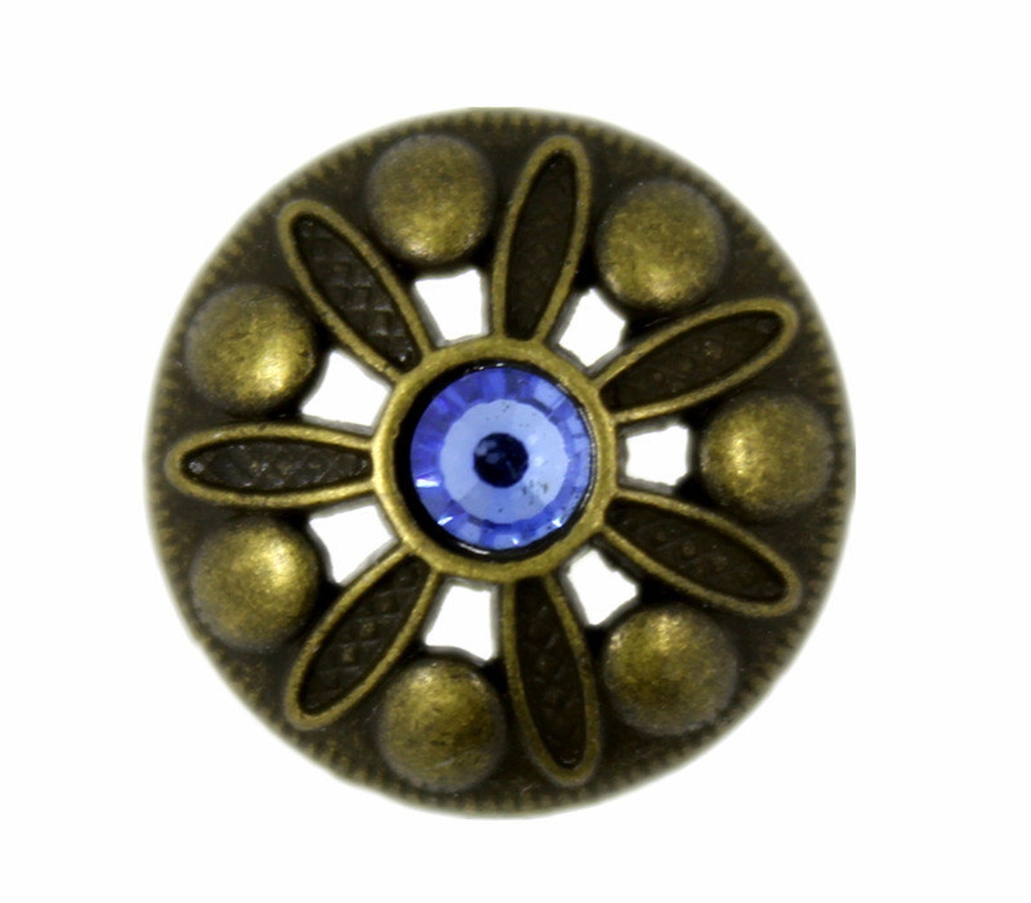 Metal Buttons - Blue Crystal Antique Brass Domed Flower Openwork Metal ...