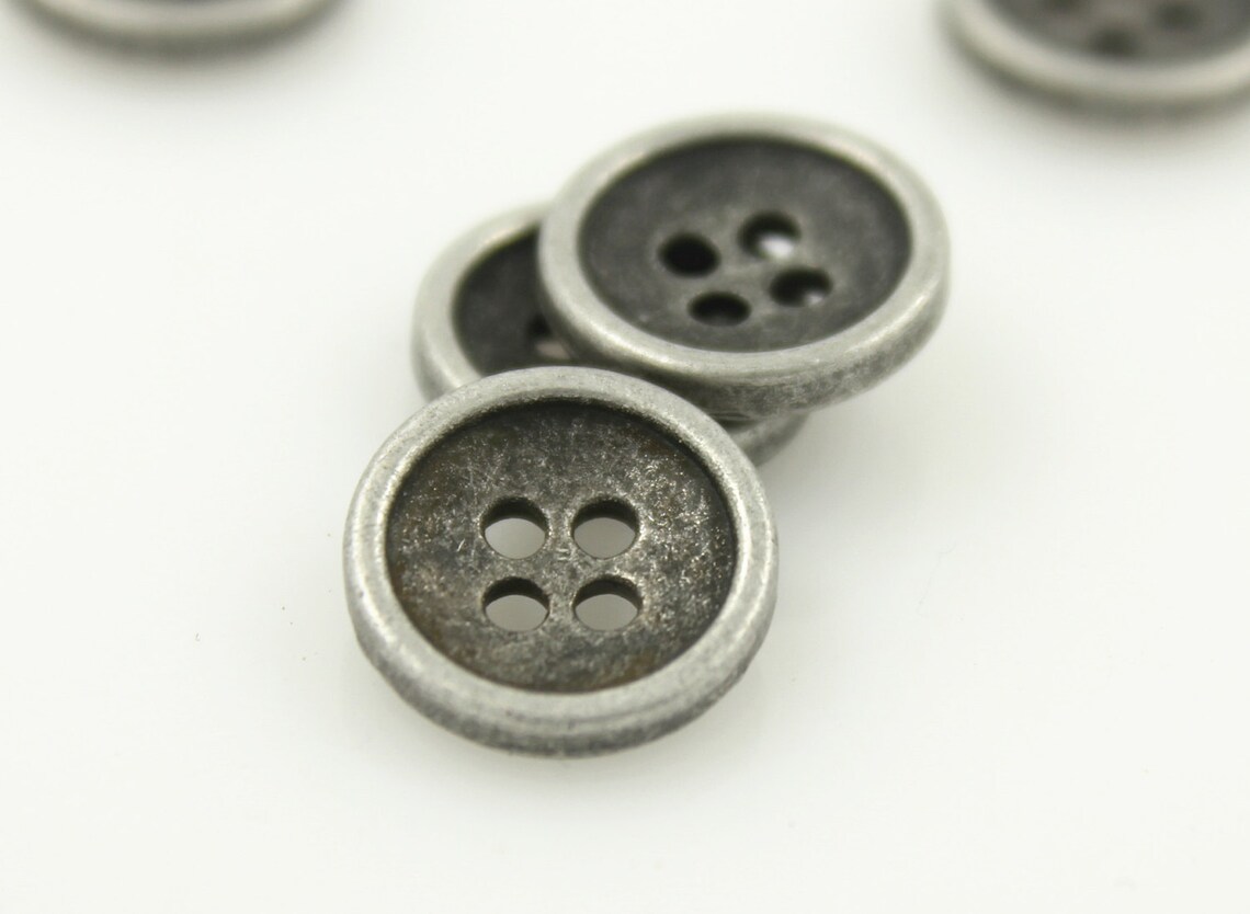 Metal Buttons - Antique Silver Concave Hole Buttons , 4 Holes , 0.43 ...