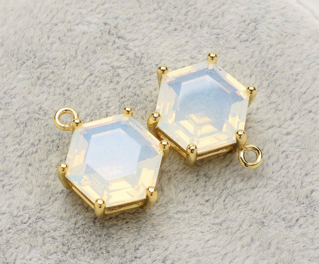 2 Hexagonal White Opal Crystal Glass Pendant, 18mm, Gold Plated Over ...
