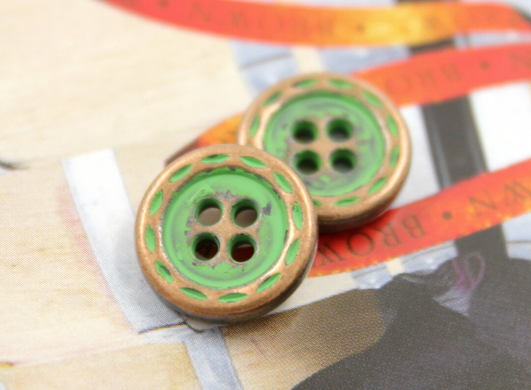 Metal Buttons - Dotted Line Edge Metal Buttons , Copper With Green ...