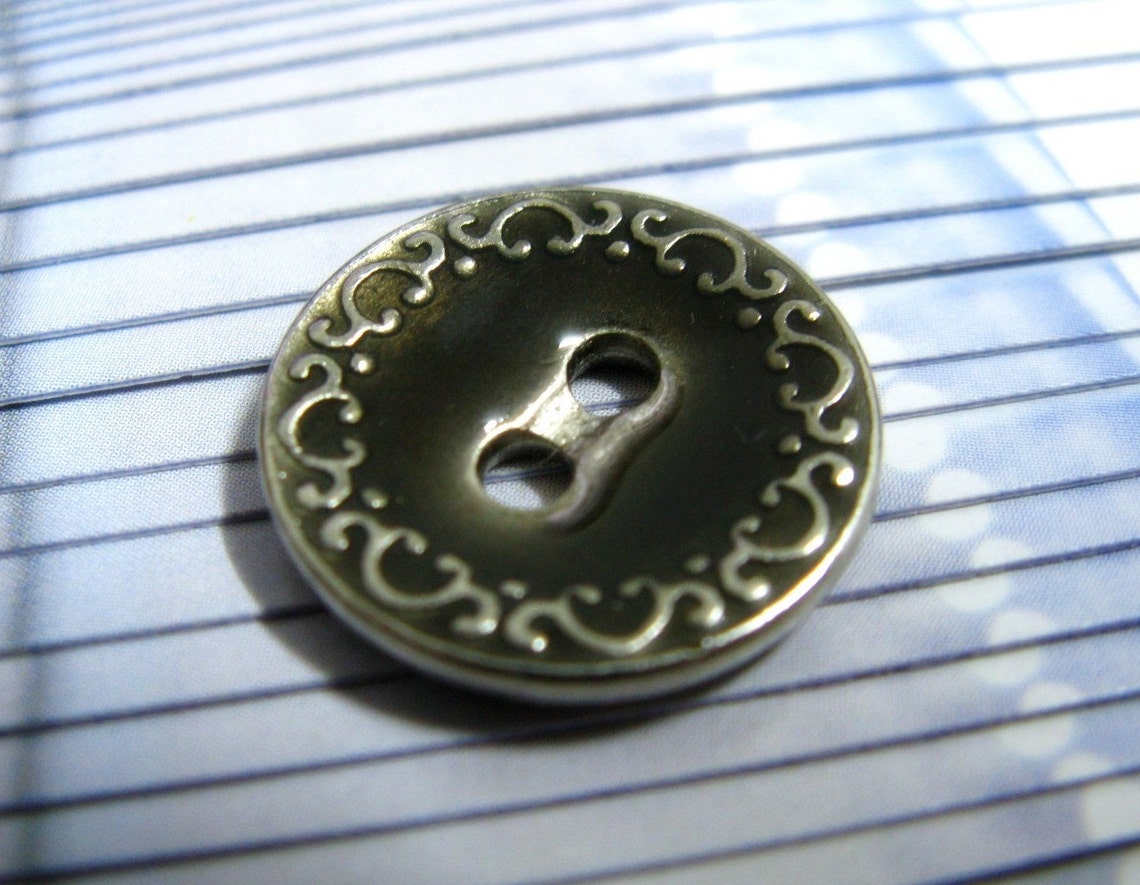 Metal Buttons - Misty Gray Enamel Buttons With Silver Scrollwork Border ...
