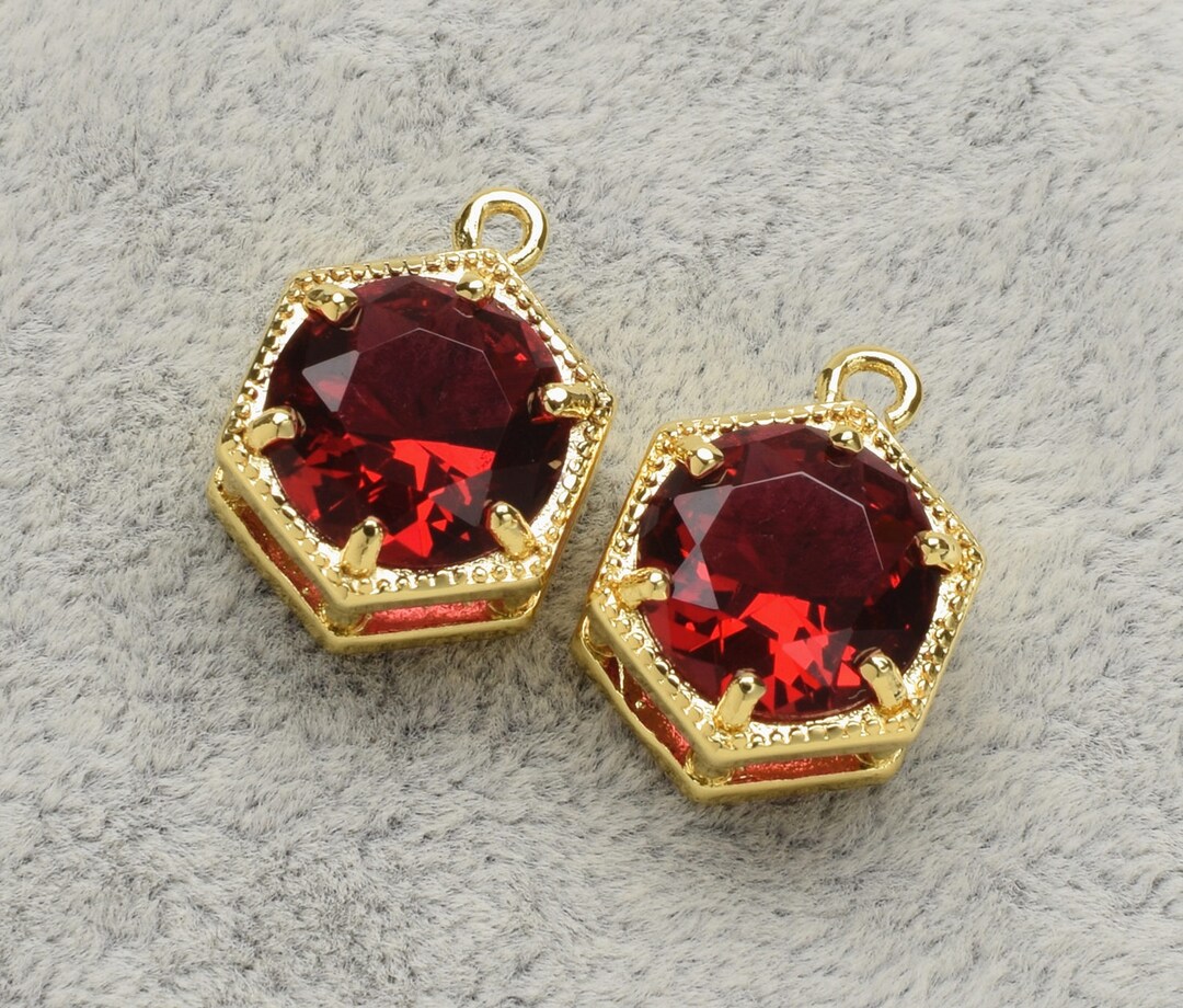 2 Bold Hexagonal Ruby Crystal Glass Pendant, 15mm, Open Ring, Gold ...