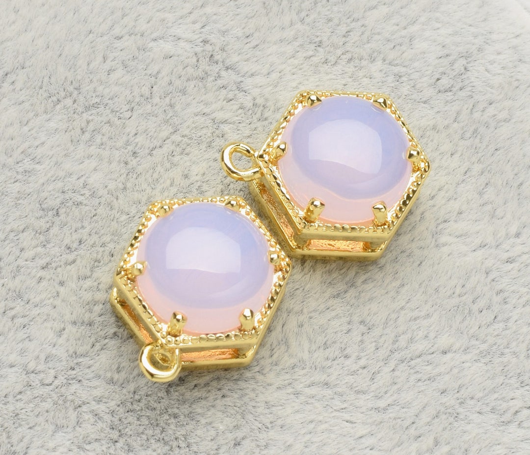 2 Bold Hexagonal Pink Opal Crystal Glass Pendant, 15mm, Open Ring, Gold ...