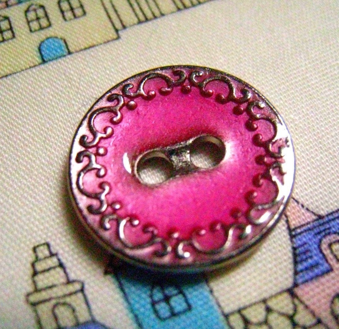 Metal Buttons - Silver Scrollwork Border Metal Buttons With Candy Pink ...