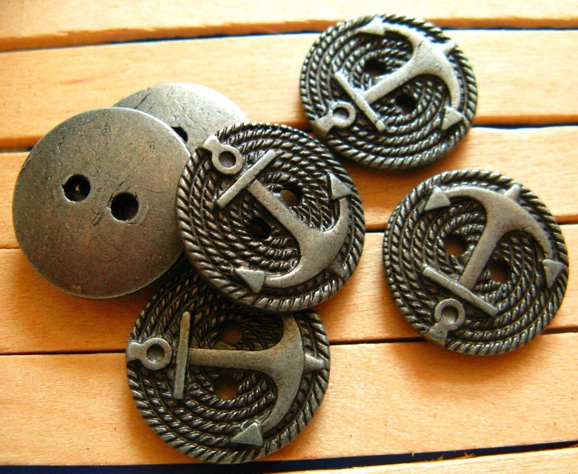Metal Buttons - Hemp Rope and Anchor Metal Buttons , Gunmetal Color , 2 ...