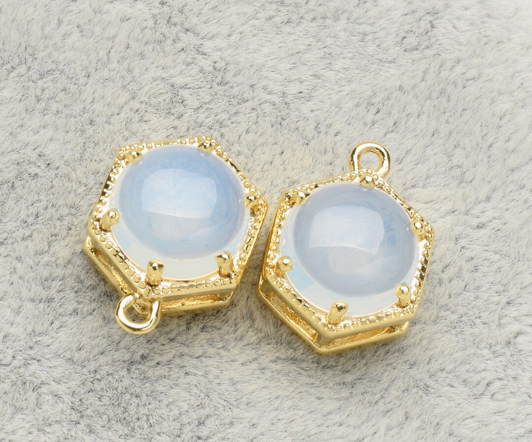 2 Bold Hexagonal White Opal Crystal Glass Pendant, 15mm, Open Ring ...