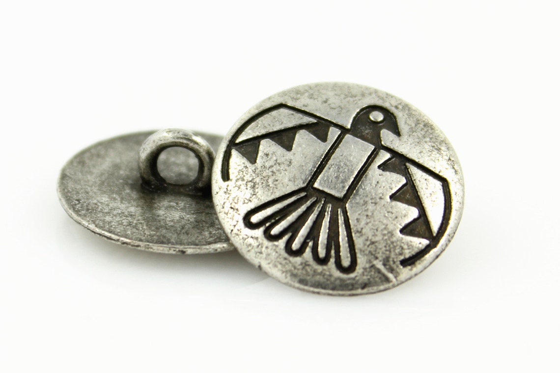 Metal Buttons - Aztec Bird Antique Silver Metal Shank Buttons - 18mm ...