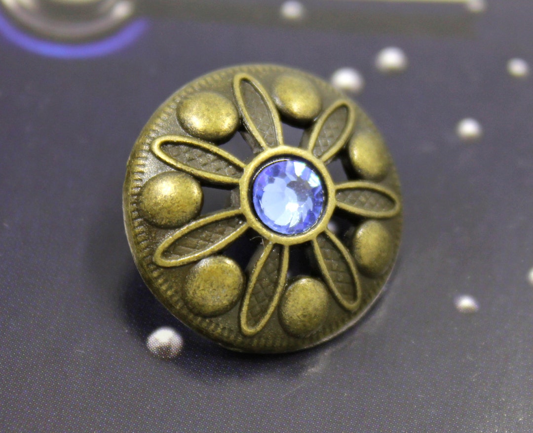Metal Buttons - Blue Crystal Antique Brass Domed Flower Openwork Metal ...