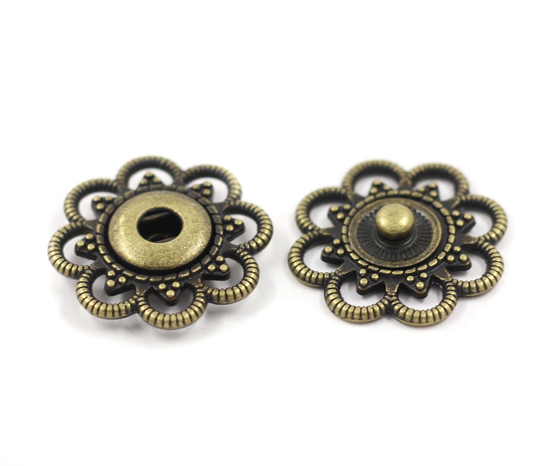 Flower Metal Snap Buttons , Antique Brass Color , Openwork , 0.79 Inch ...