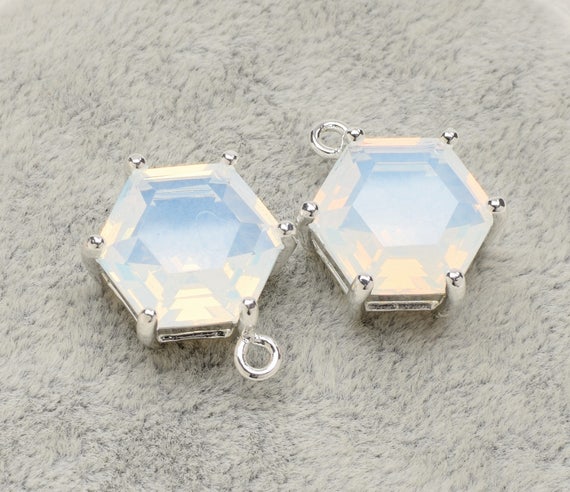 2 Hexagonal White Opal Crystal Glass Pendant 18mm Silver - Etsy