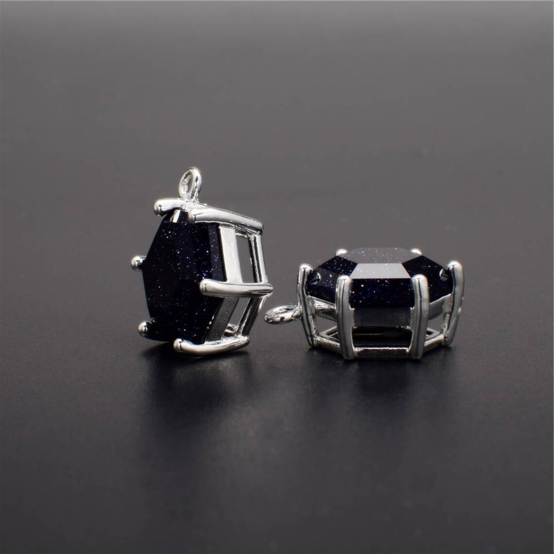 2 Hexagonal Blue Galaxy Crystal Glass Pendant 18mm Silver | Etsy