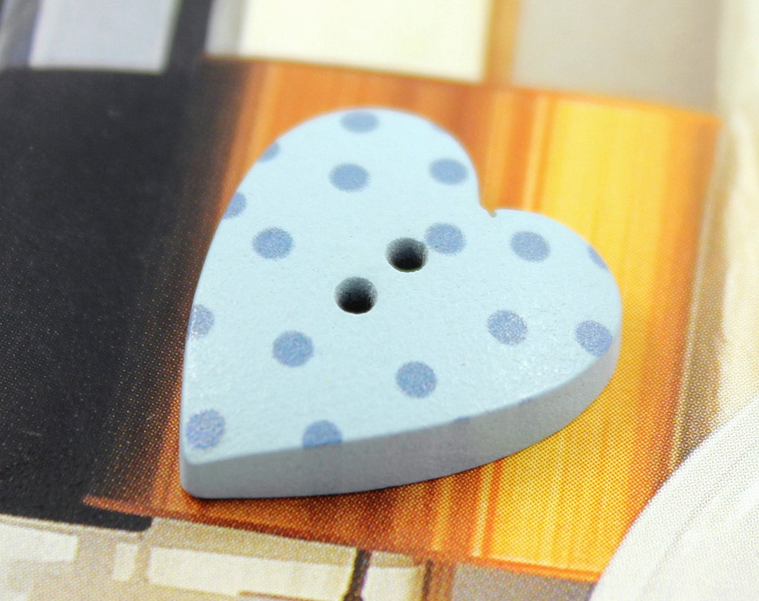 Heart Buttons - Polka Dots Baby Blue Heart Wood Buttons. 0.79 Inch. 10 ...