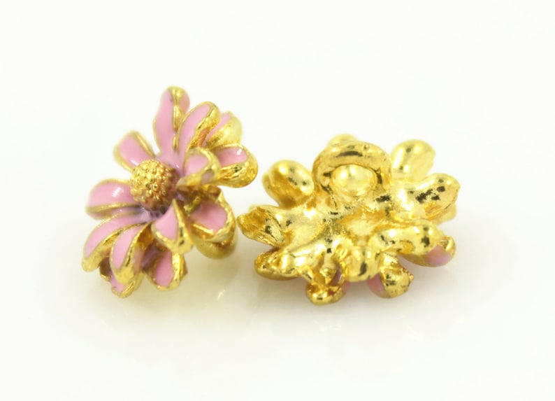 Metal Buttons - Pink Enamel Daisy Metal Buttons , Gold Color , Shank ...