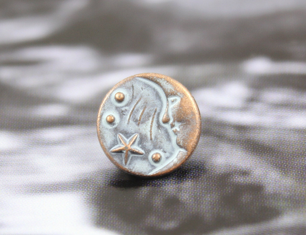 10 Moon and Star Metal Buttons , Blue Painting Copper Color , Shank , 0 ...
