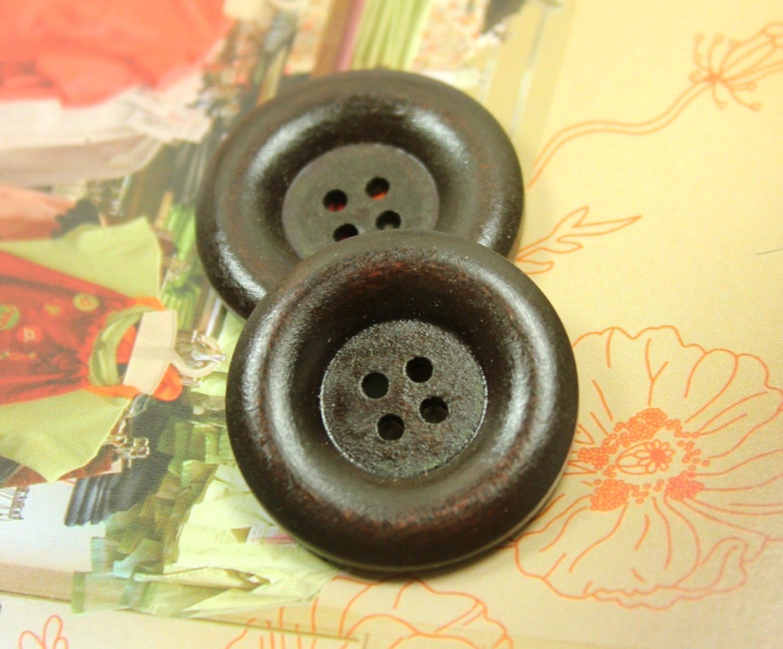 Wooden Buttons - Large Thick Border Recessed Center Brown Wooden ...