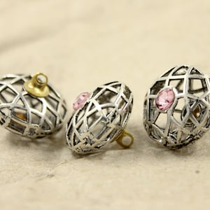 Metal Buttons Pink Crystal on 3D Round Cage Antique Silver Metal Shank ...