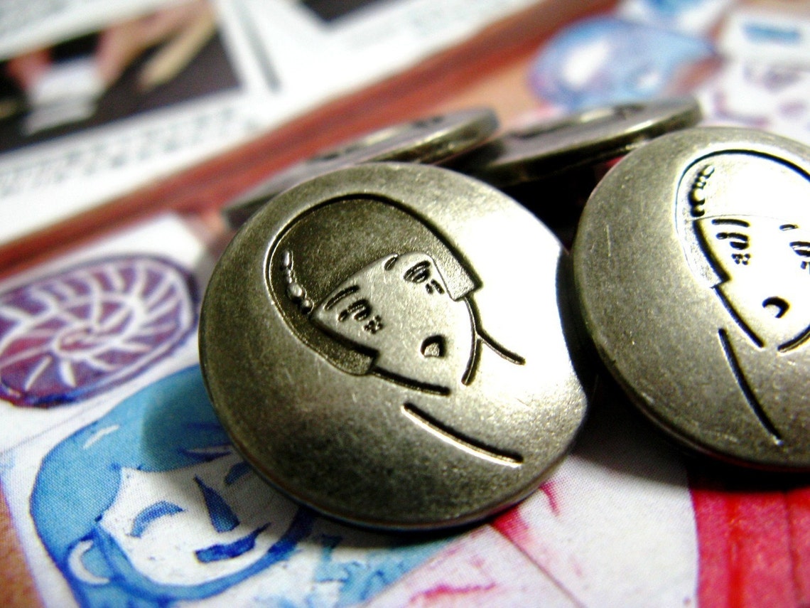 Metal Buttons Girl Face Metal Buttons Gray Silver Color | Etsy